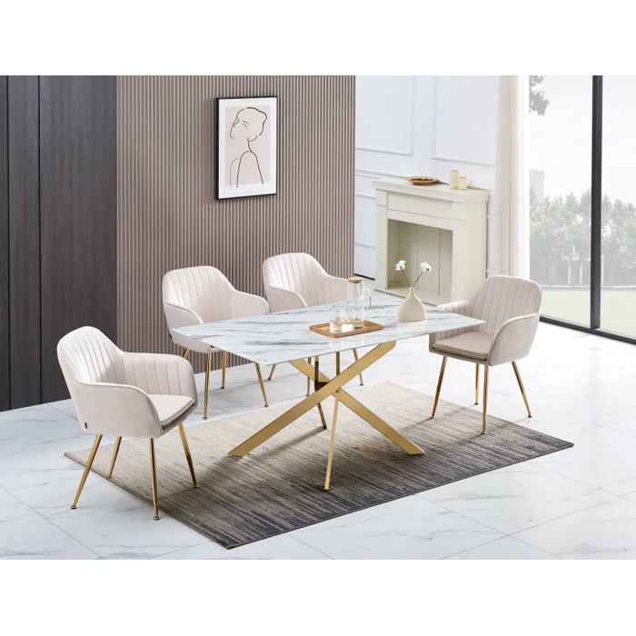 Table Repas JESSICA Gold et plateau en verre 150 cm 4 à 6 couverts ...