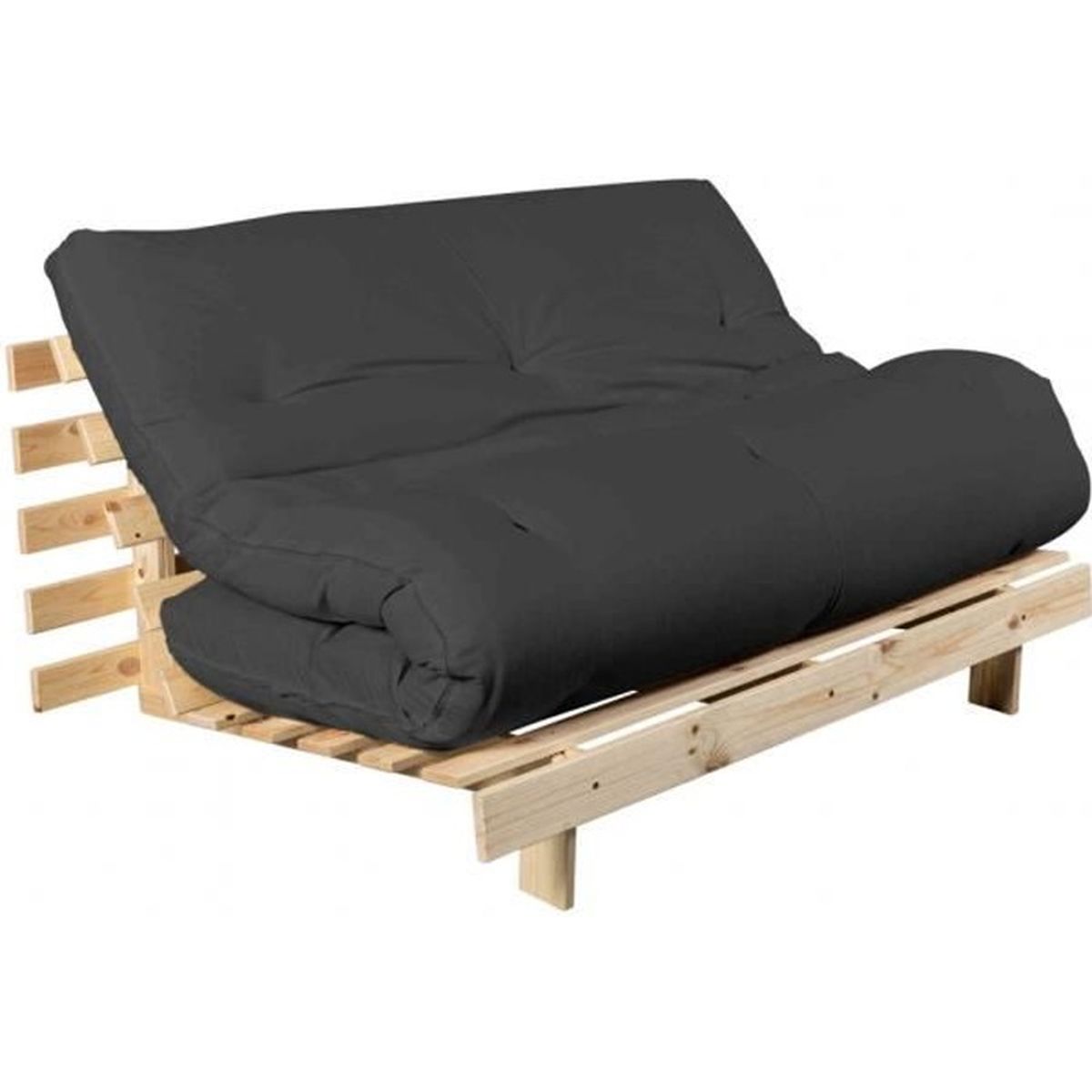 Pack Matelas Futon Gris Coton Structure en Bois Naturel 90x200 ...