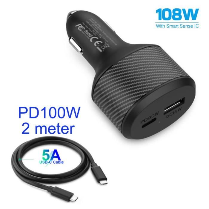 108W et câble (100W)--Chargeur USB C, 108 W, pour voiture, adaptateur automatique, DC 12 V-24 V ...