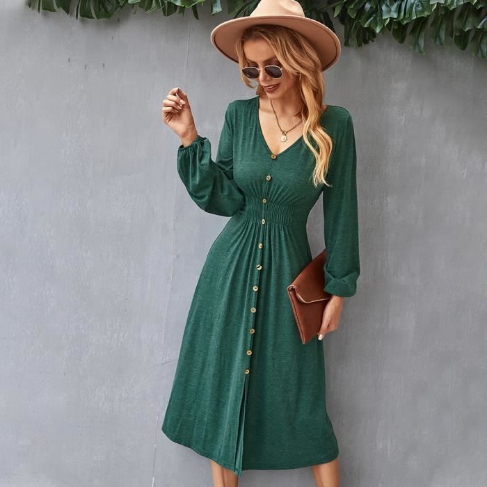 Robe Femme Ete Bohème Sexy Col En V Chic Elegant Manches Longues Vert