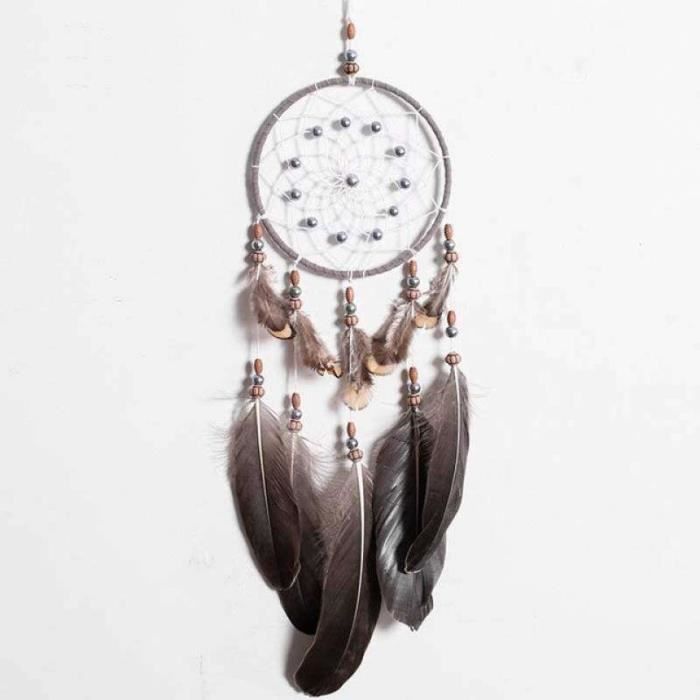 PD23267-Attrape rêve original gris argenté avec deux anneaux et plumes ...