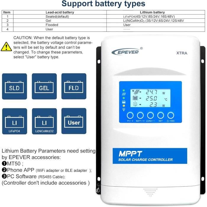 EPEVER MPPT XTRA-N Régulateur de charge solaire, 40A, 12-24VDC auto work, PV 100V, XDS2 ...