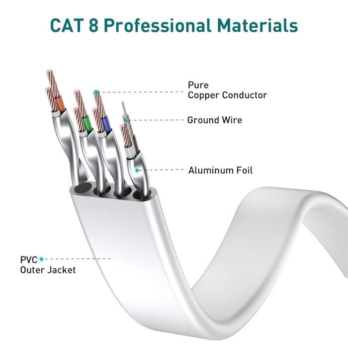 Cat8 Câble Ethernet, 40Gbps-2000Mhz Haut Débit Gigabit Rj45 Lan Câble ...
