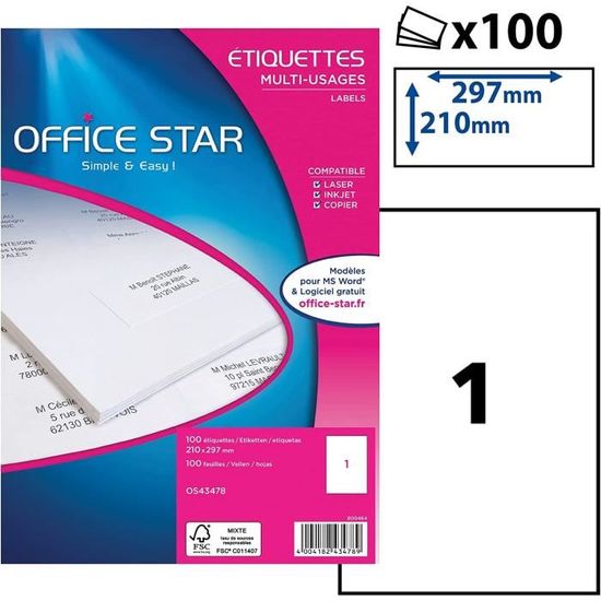 OFFICE STAR Boite de 100 étiquettes autocollantes blanches multi-usages ...