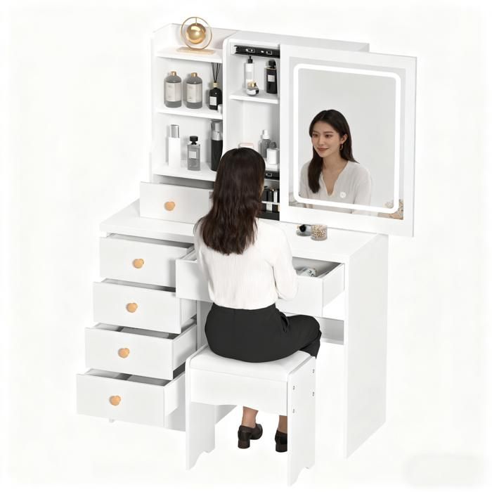 COIFFEUSE AVEC MIRROR LED - BIPLUT - 6 Tiroirs - Tabouret coussiné ...