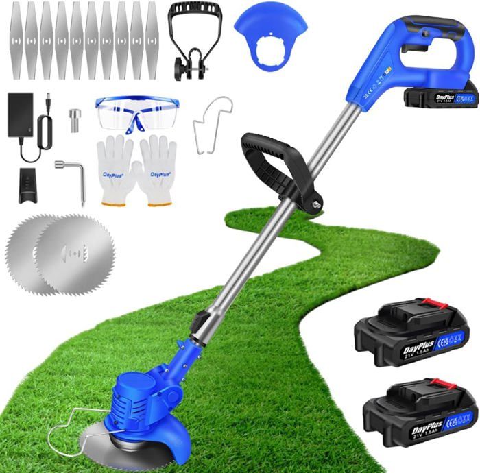 Débroussailleuse électrique sans fil 21 V avec 2 batteries, lame en métal, tondeuse électrique ...