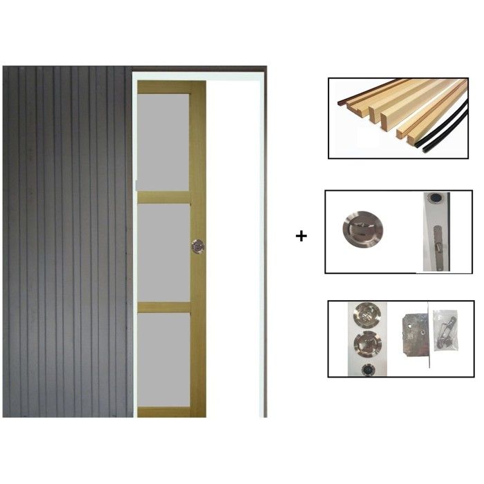 Porte Coulissante Ayous 3 Panneaux Gris RAL 7035 H204 x L83 + Systeme a ...