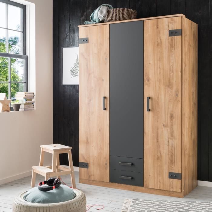 Armoire CORFOU - Décor Chêne et gris anthracite - 3 portes battantes ...