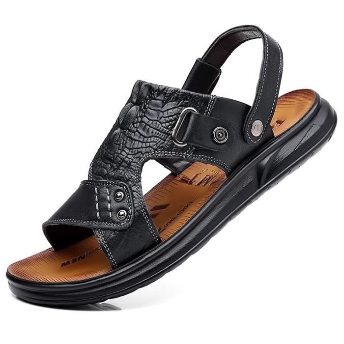 Sandales hommes chaussures été cuir outdoor plage Noir - Cdiscount ...