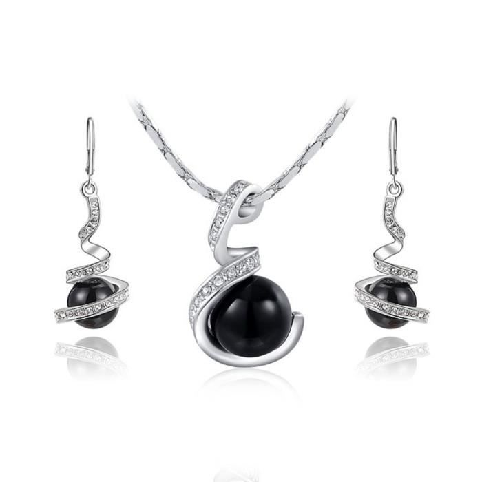 MERRILL Parure bijoux 4 pièces perle noire de culture eau douce Platine ...