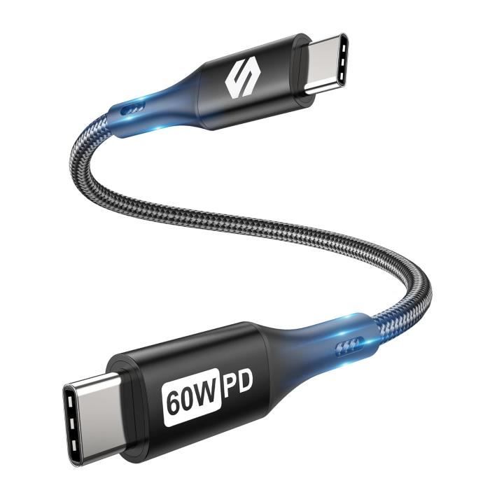 Câble USB C vers USB C Court 30CM, 3A 20V 60W, PD 3.0&QC 4.0+, 0.3M ...