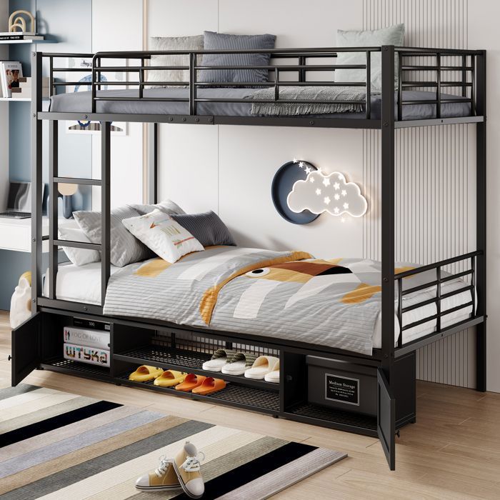 Lit superposé Maisentiel 90x200 cm métal noir avec escalier, rangement ...