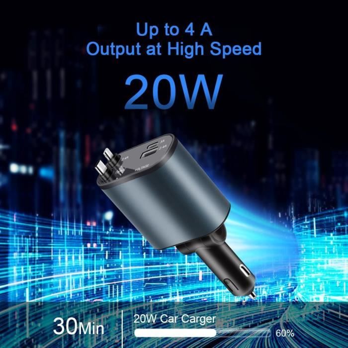 Chargeur Voiture Rétractable, Chargeur Téléphone 4 En 1, Allume Cigare ...