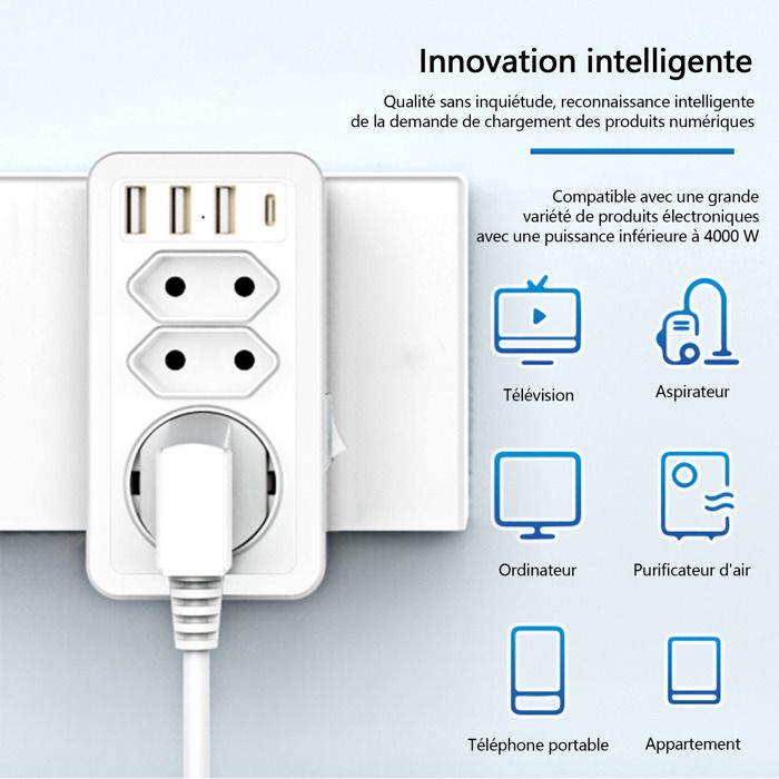 Adaptateur multiprise 6 en 1 avec 1 port USB-C PD20W, multiprise 3 ...