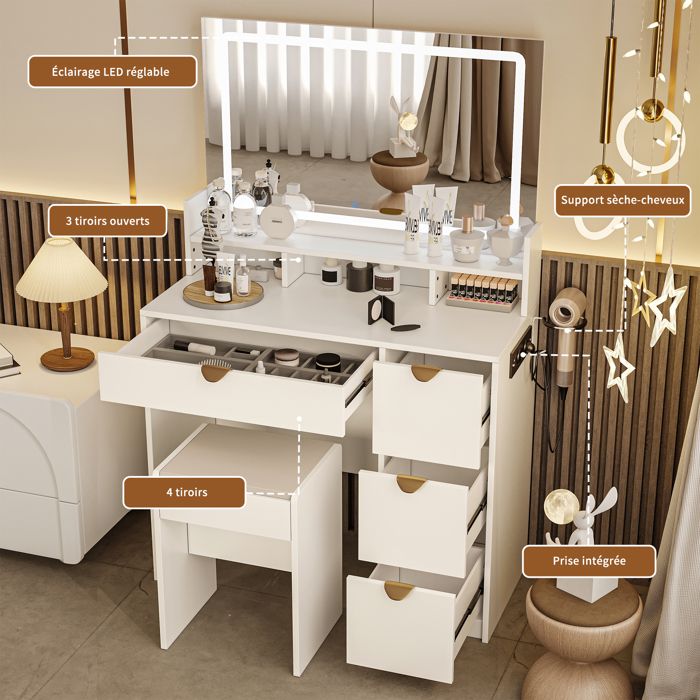 Coiffeuse LED Blanche Moderne - Miroir 3 Lumières - Rangement Optimisé ...