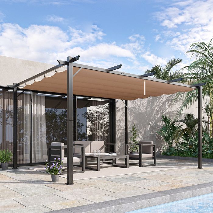 Pergola aluminium 3x4 m gris et brun, toit en tissu réglable ...