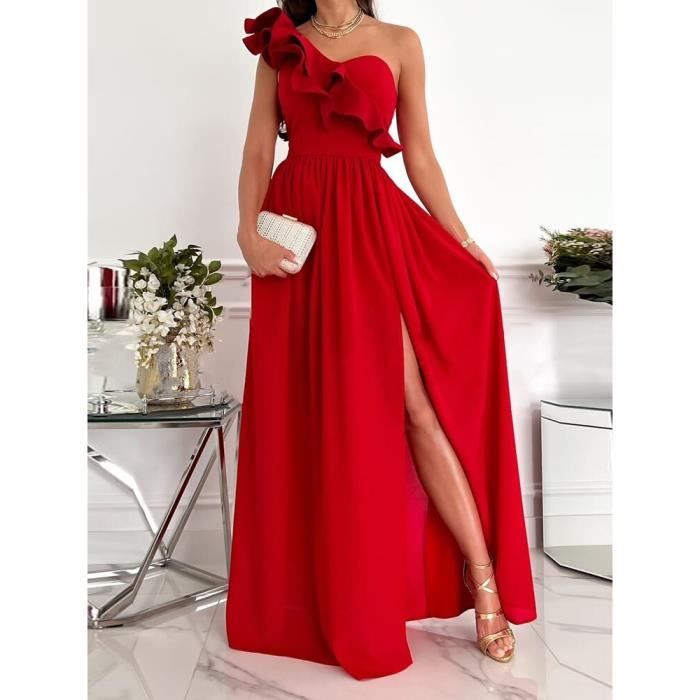Robe femme sans manches à volants épaules en biais - Rouge LINKH Rouge ...