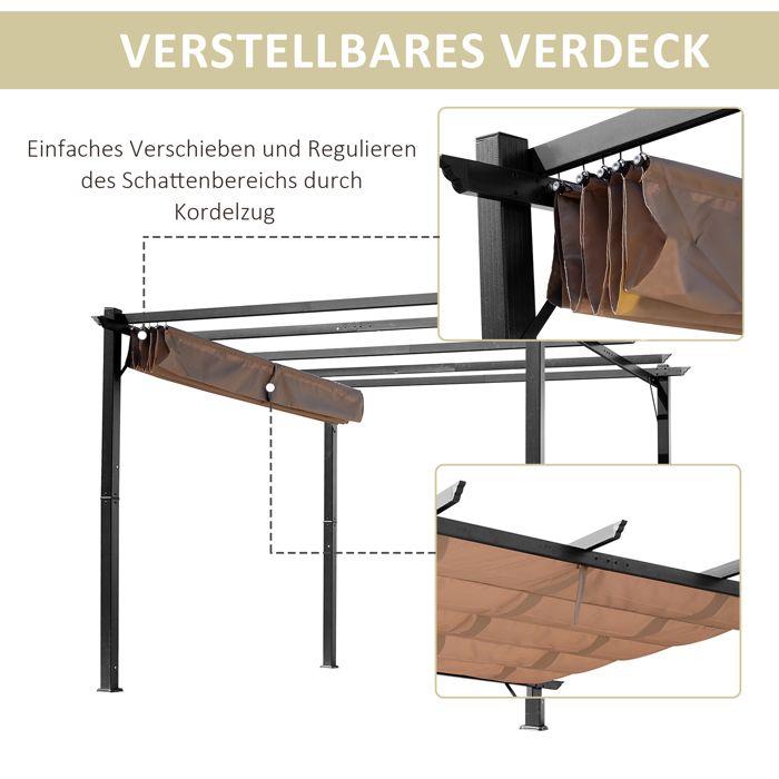 Pergola aluminium 3x4 m gris et brun, toit en tissu réglable ...