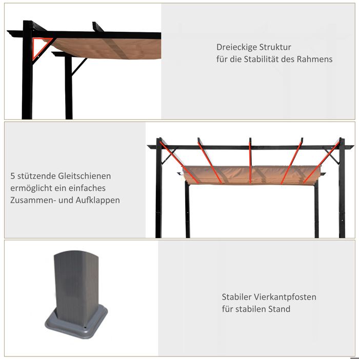 Pergola aluminium 3x4 m gris et brun, toit en tissu réglable ...