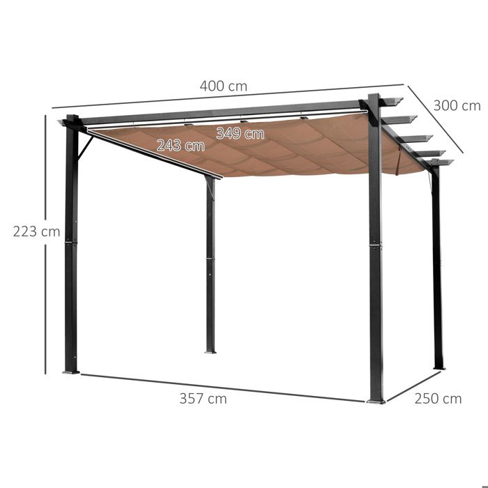 Pergola aluminium 3x4 m gris et brun, toit en tissu réglable ...