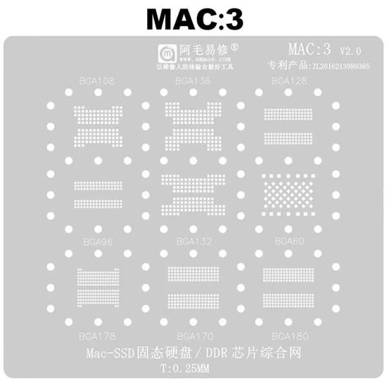 MAC3 - Amaoe BGA Reballing Stencil For Macbook MAC Pro A1534 A1706 A1707 A1932 A1989 A1990 A2159 ...