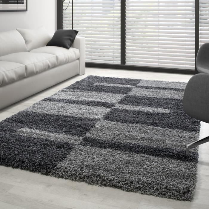 Tapis Shaggy Design Moderne À Carreaux, À Poil Long Et Moelleux Pour Le Salon., Couleur: Gris ...