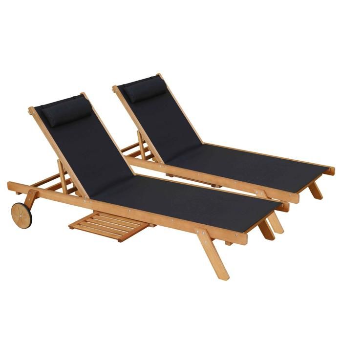 Lot de 2 bains de soleil avec coussin et tablette en bois noir - Oviala ...