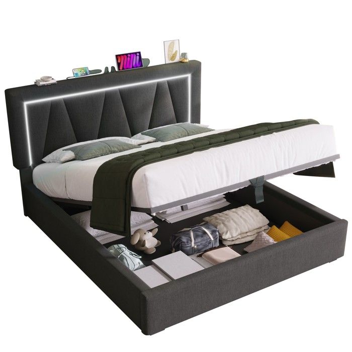 Lit double rembourré 160x200,lit adulte avec LED,chargement USB Type C ...