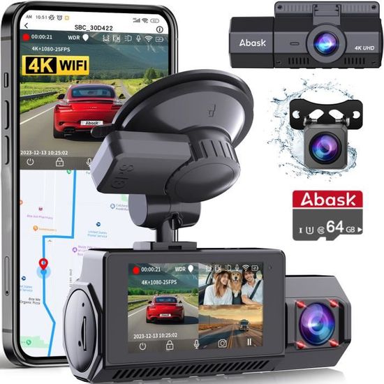 Abask A8Pro Caméra de Voiture WIFI APP GPS DashCam 4K+1080P+1080P Angle ...