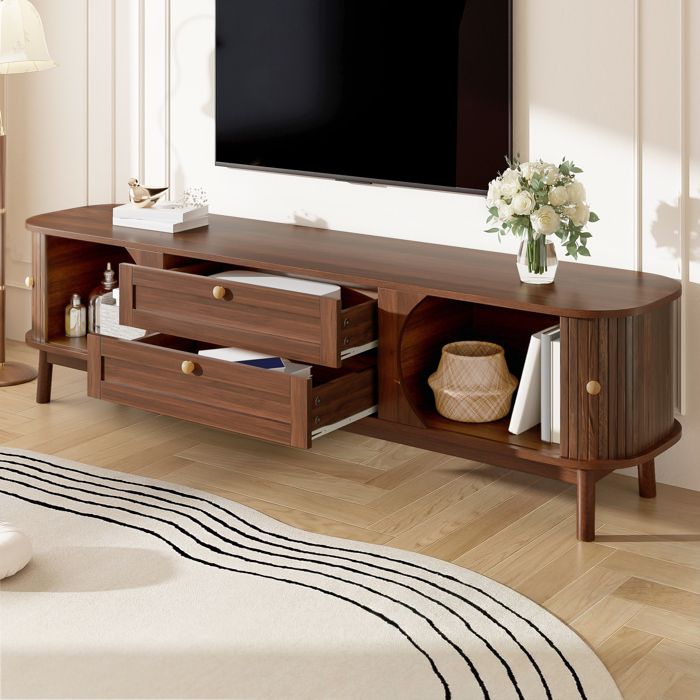 Meuble TV Coins Arrondis Design Moderne, 2 Tiroirs avec Portes ...