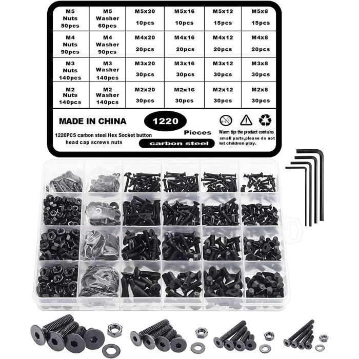 1220PCS Vis à Tête Fraisée, Kit d'Assortiment, Vis à six pans M2 M3 M4 M5 en Acier au Carbone ...