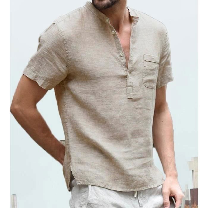 Chemises en lin et col en V pour hommes haute qualité décontracté Beige ...