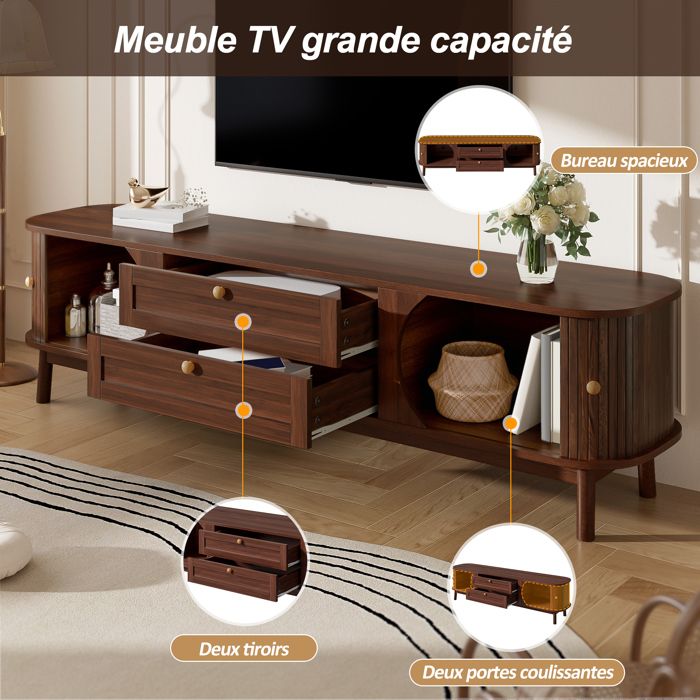 Meuble TV Coins Arrondis Design Moderne, 2 Tiroirs avec Portes ...