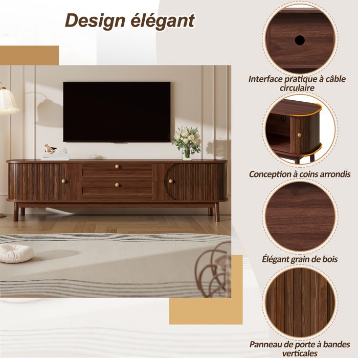 Meuble TV Coins Arrondis Design Moderne, 2 Tiroirs avec Portes ...