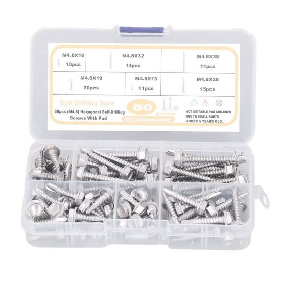 EJ.life Vis autoperceuse 80 pièces M4.8 vis auto-perceuse tête hexagonale rondelle 410 Kit d ...