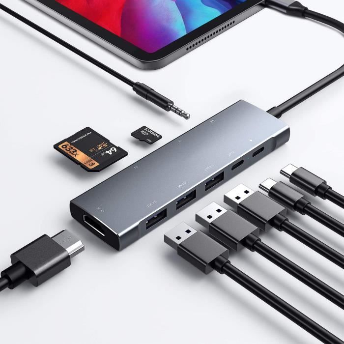 Concentrateur USB C 9 en 1 - Hub USB C 7 en 1 avec HDMI 4K SD-TF, Jack ...