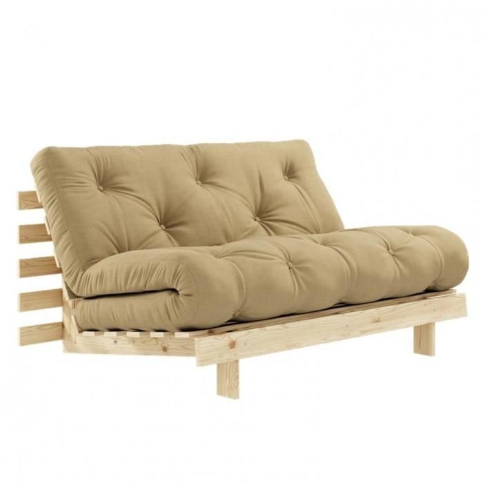Canapé convertible futon ROOTS pin naturel tissu Beige blé couchage ...