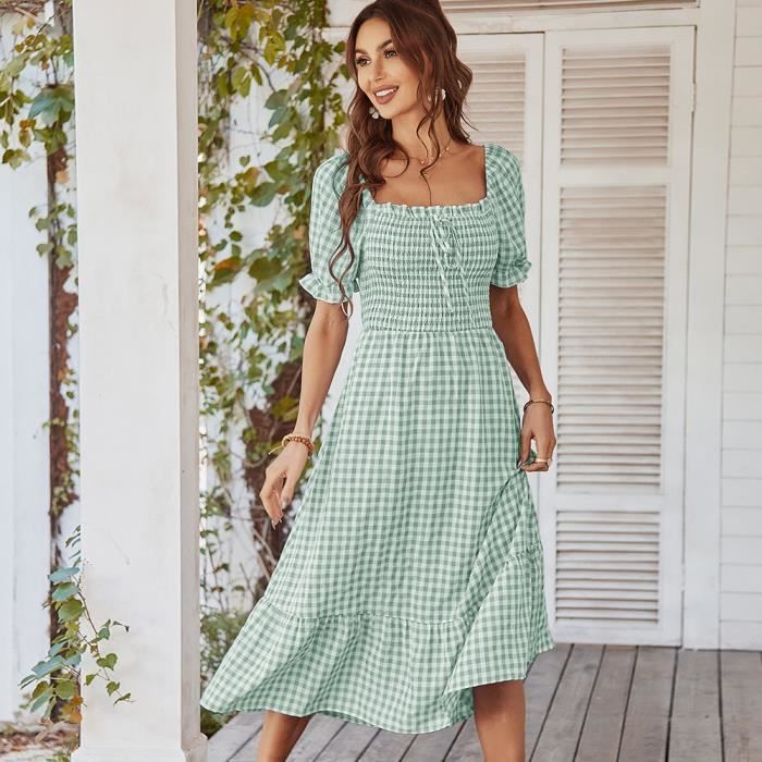 Robe Femme Ete Bohème Chic Elegant Imprimé Floral Vert Chuangna Vert