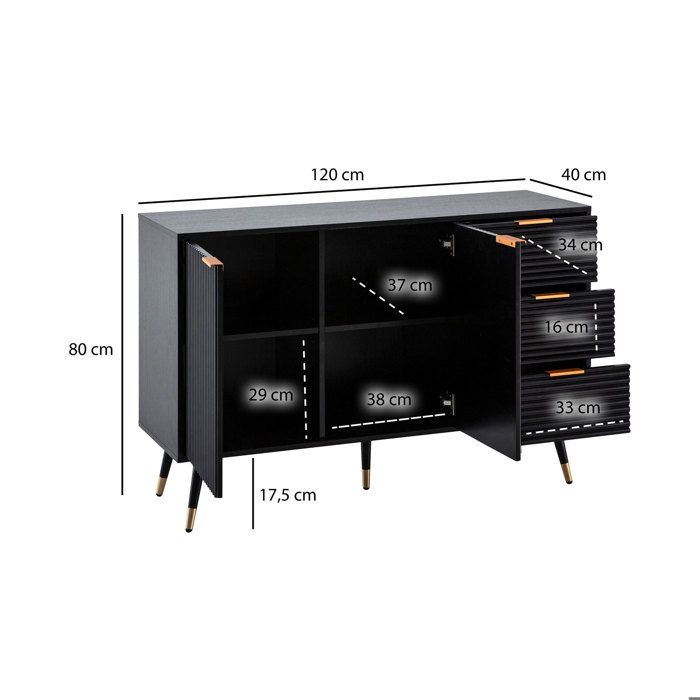 Buffet 2 portes 3 tiroirs 120x40x80 cm noir et doré - FREDZA ...