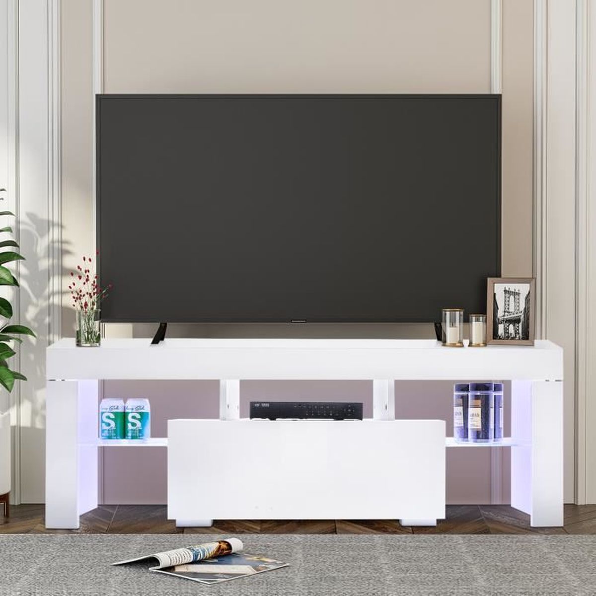 Meuble TV-Banc TV avec lumière de LED-Avec un tiroir-130 x 35 x 45 cm ...