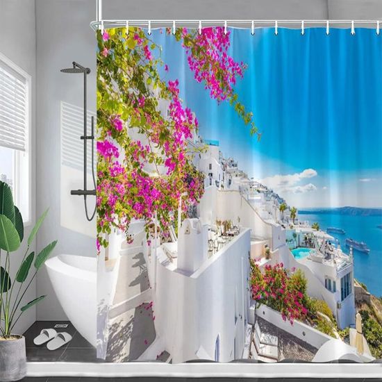 Rideau de douche paysage italien avec crochets,ville européenne vintage ...