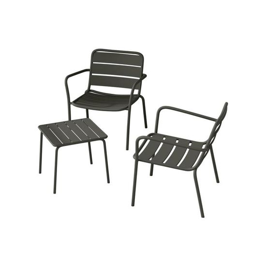 Salon de jardin en métal - 2 fauteuils bas empilables et une table d'appoint carrée - Gris ...