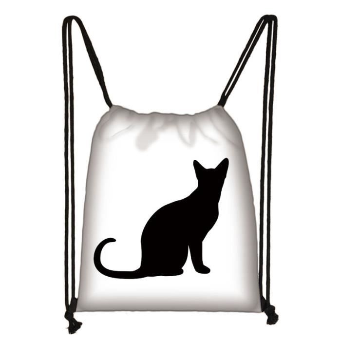 Skdhm08 - Sac à dos noir imprimé chat, Kawaii, sacs en toile à cordon ...
