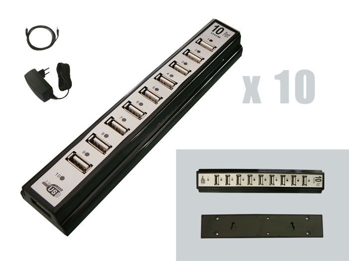 Multiprise USB - HUB - 10 ports - Alimentation externe - USB 2.0 High ...