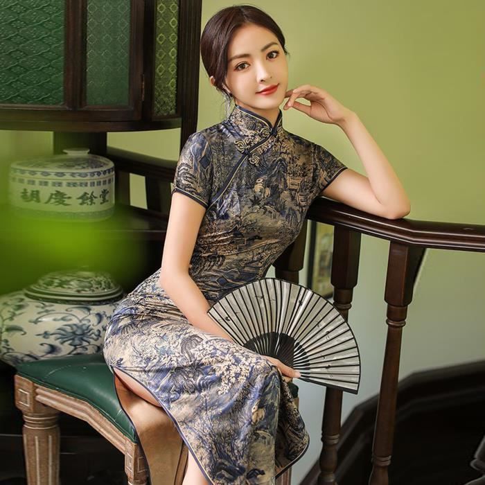 Robe Chinoise Cheongsam Longueur Moyenne Manches Courts pour femmes Robe de soirée style chic ...