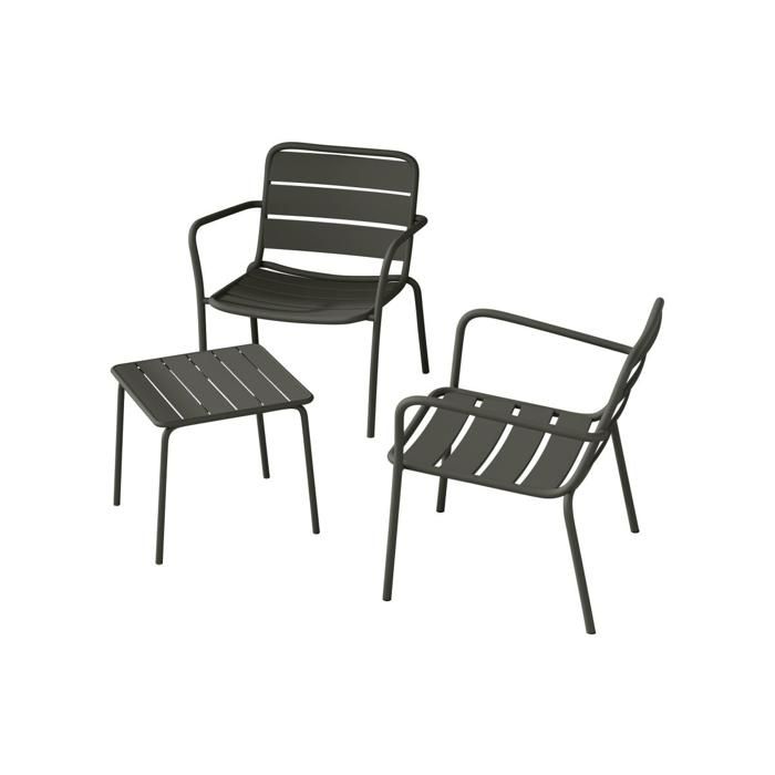 Salon de jardin en métal - 2 fauteuils bas empilables et une table d'appoint carrée - Gris ...
