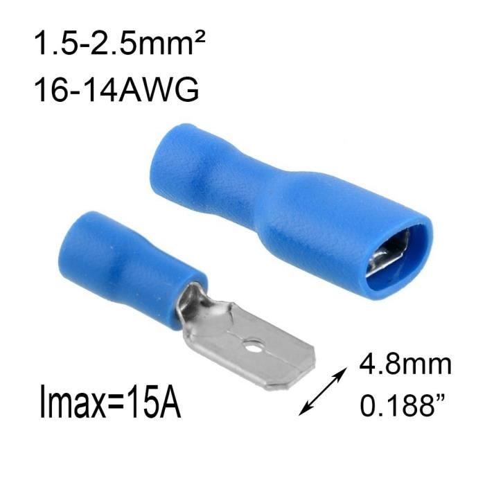 COSSE ELECTRIQUE,16-14 AWG 4.8mm blue-Poly Vinyl Chloride--Borne électrique à broche isolée ...