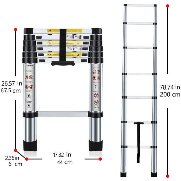 Échelle Télescopique 2M, Extensible Ladder Aluminium, Multi-Fonction Ladder Charge 330lbs (150 ...