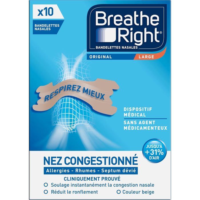 Bandelettes Nasales - Breathe Right - Taille Large - Réduit Ronflements ...