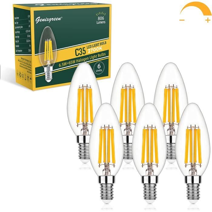 Ampoule LED E14 Dimmable, 6.5W Ampoule Bougie à Filament Classique Equivalent 65W, 2700K Blanc ...